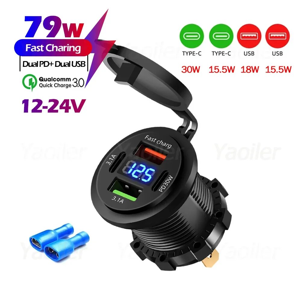 Автомобильное зарядное 79W 4Port USB Type-C/USB-A 12-24V