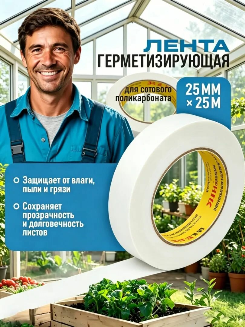 Лента герметизирующая для сотового поликарбоната 25мм 25м, самоклеящаяся, защищает от влаги и пыли, сохраняет прозрачность листов Лента - 1шт