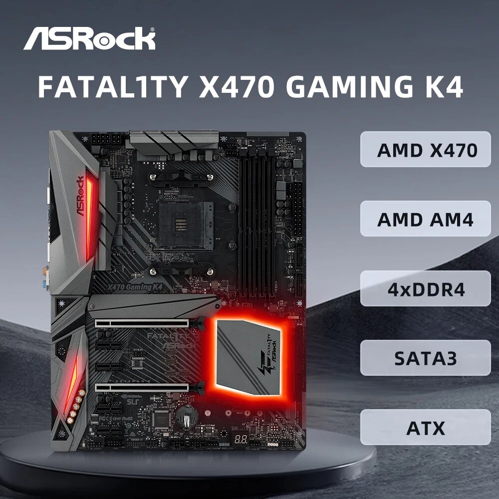 Материнская плата ASROCK X470 GAMING K4 Поддержка AMD AM4 процессоров 5800X3D, 5700x3D, 5700X, 5600G, 4600G Чипсет AMD X470 4 слота DDR4 HDMI ATX Материнская плата