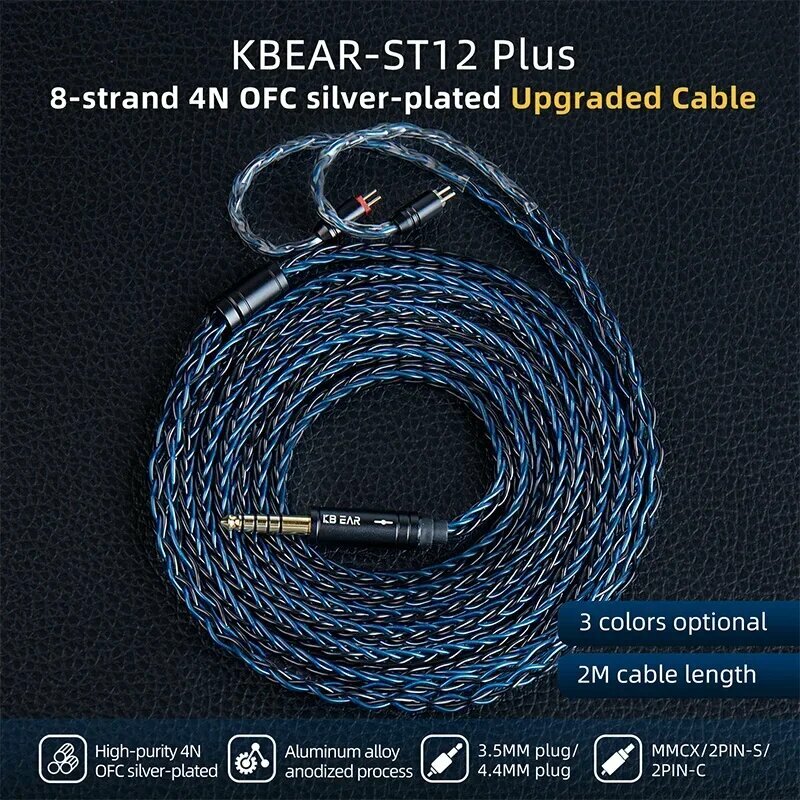 KBEAR ST12 Plus 8-ядерный серебряный аудиокабель для наушников 2PIN 3.5 Black Blue