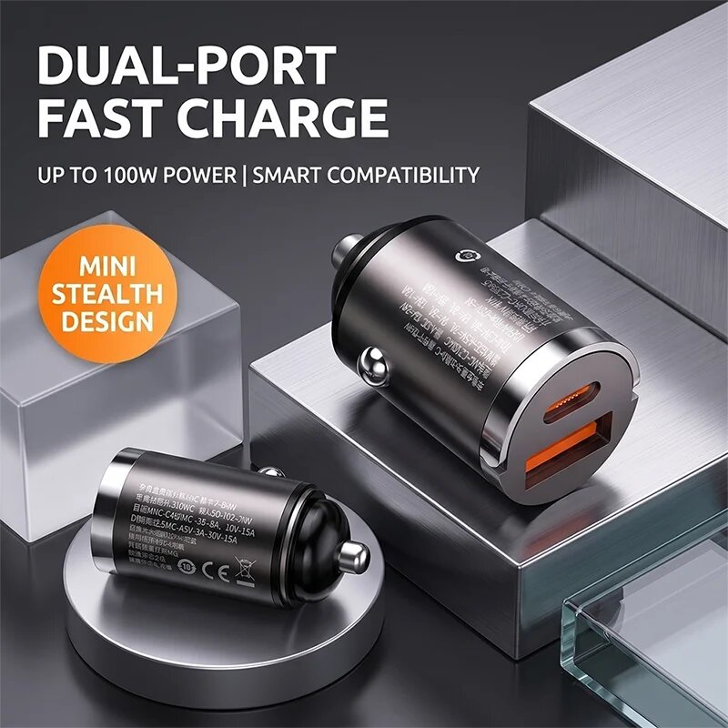 Миниатюрное автомобильное зарядное устройство USB-C с двумя портами для быстрой зарядки, встраиваемое, для автомобилей 12В/24В, для iPhone 17, 16, Samsung и других.