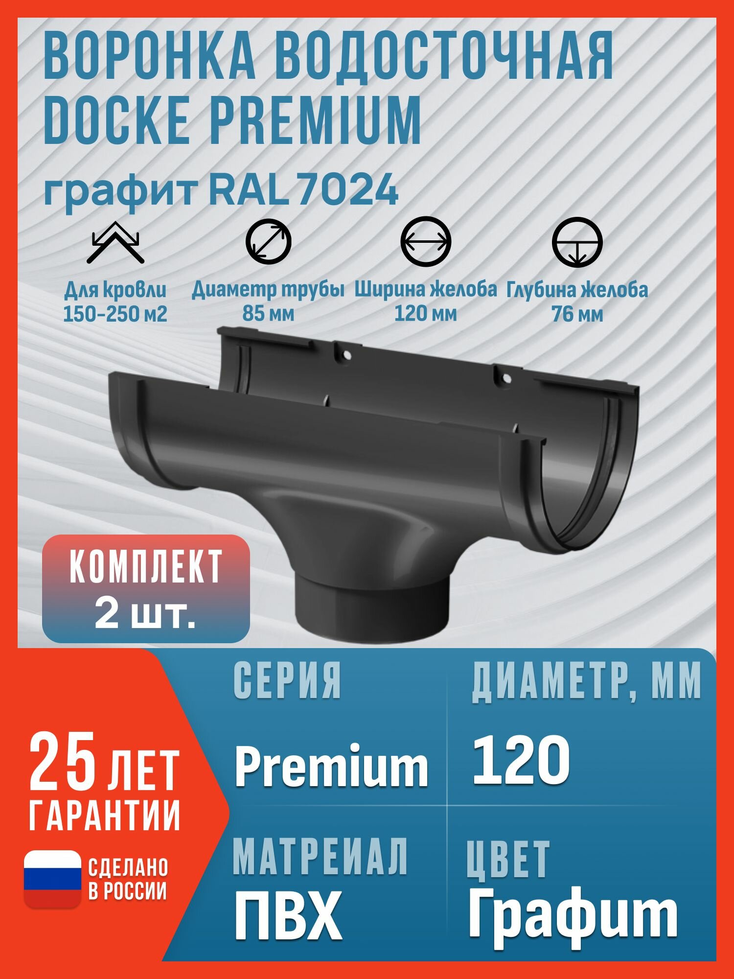 Воронка водосточная Docke Premium, графит (RAL 7024), 2 шт. / Воронка для водостока Деке Премиум