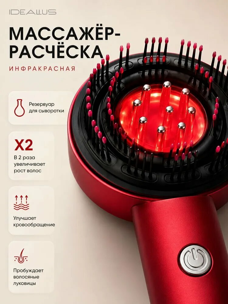 Idealius Лазерная расческа роста волос 3-в-1: LED-терапия, инфракрасный прогрев и резервуар для сыворотки