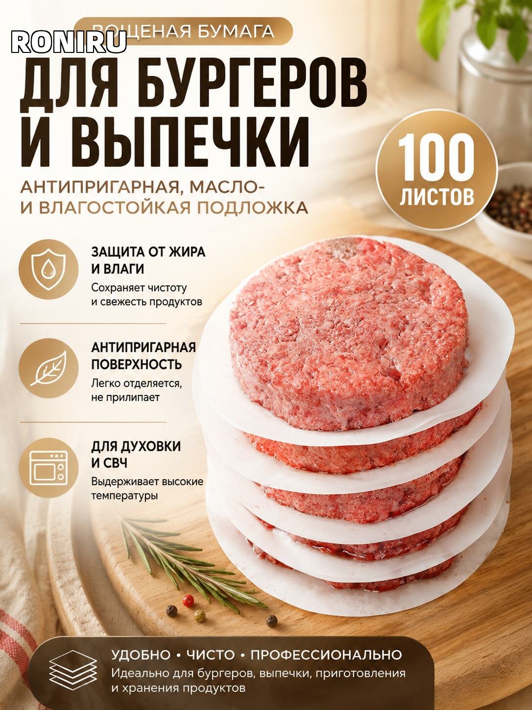 Вощеная бумага для бургеров и выпечки — антипригарная масло- и влагостойкая подложка 100 листов для духовки и СВЧ