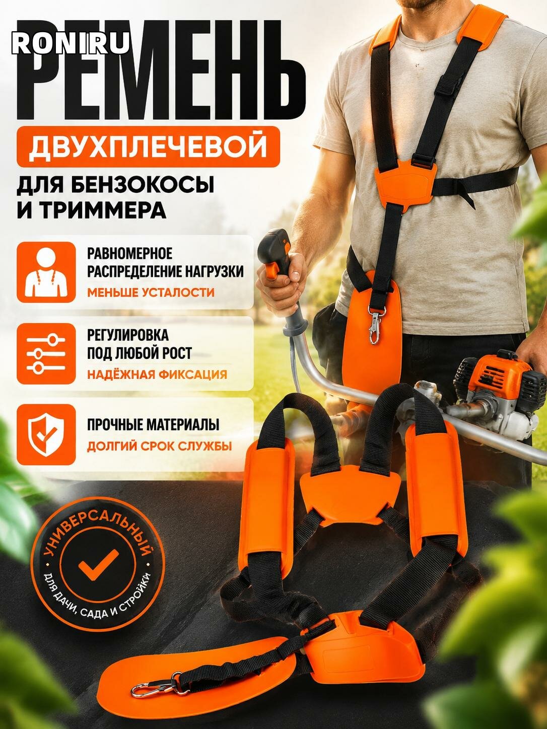 Ремень для бензокосы и триммера двухплечевой — универсальный пояс с регулировкой для дачи, сада и стройки, для работ