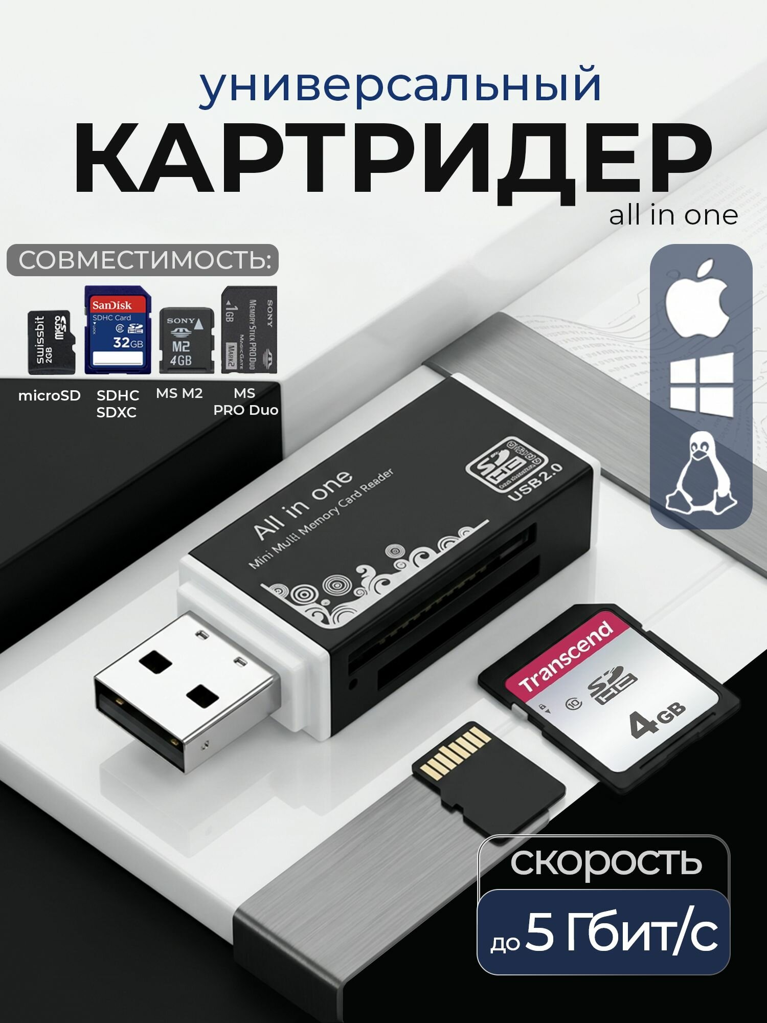 Переходник универсальный для карт памяти SD и Micro SD, TF