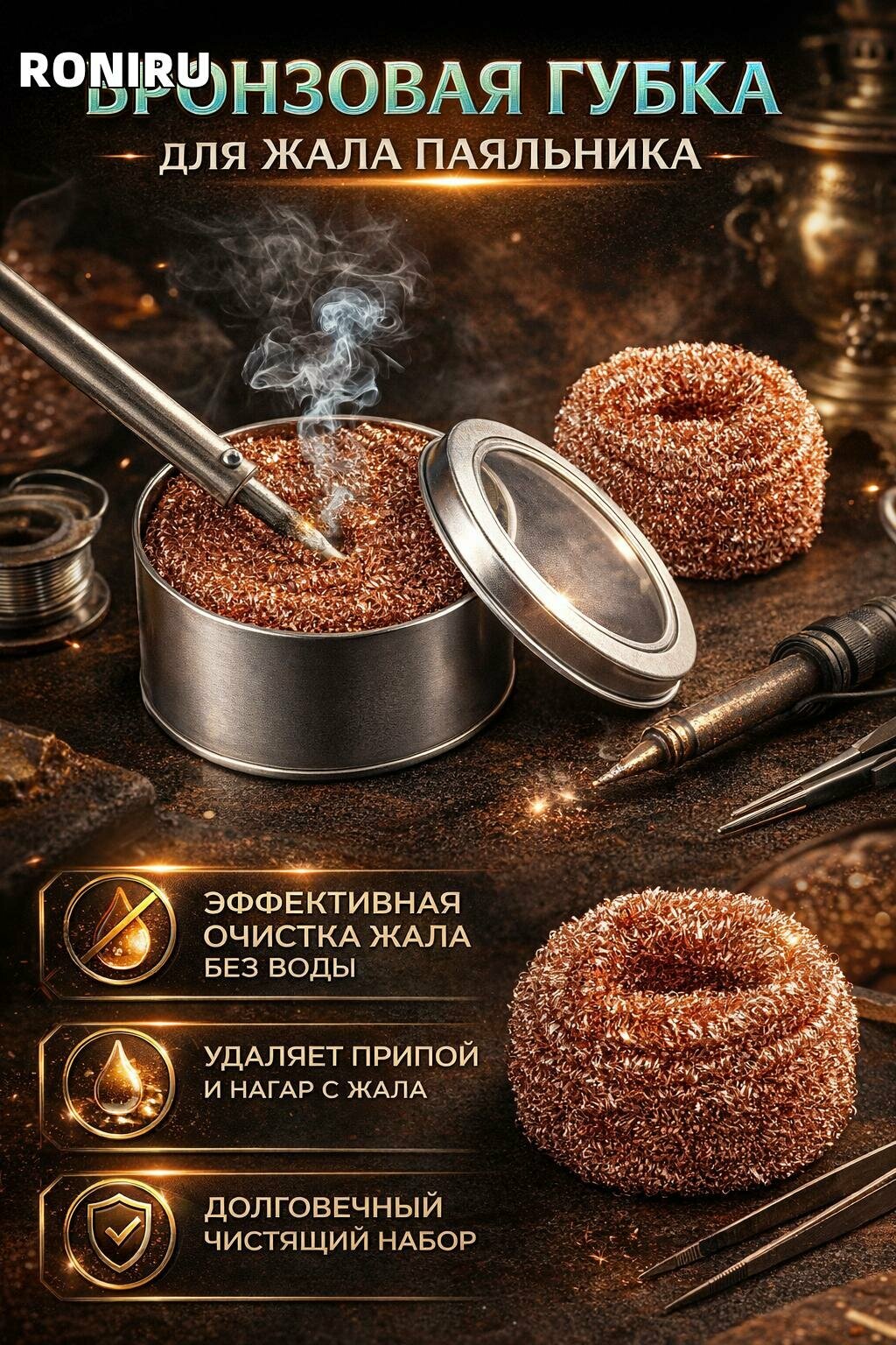 Бронзовая губка для жала паяльника — медная стружка для удаления припоя, очиститель электроники и домашнего ремонта