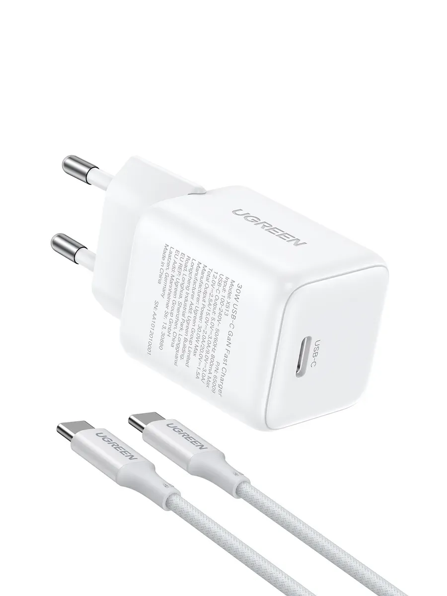 Сетевое зарядное устройство UGREEN X513 (65013) GaN 30W с кабелем 1м Белый RU