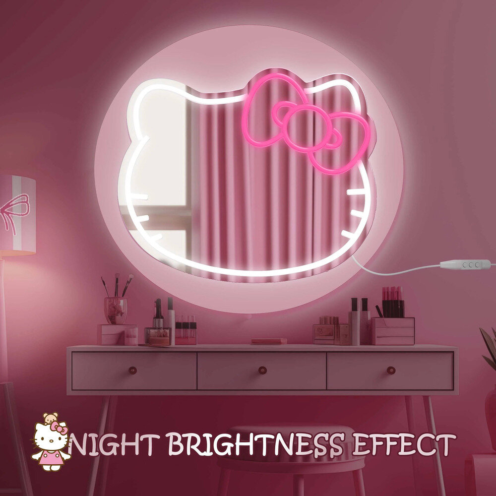 Неоновая вывеска Hello Kitty, светодиодное зеркало Sanrio Anime, разноцветное, для украшения комнаты, в качестве подарка, для макияжа, на день рождения.