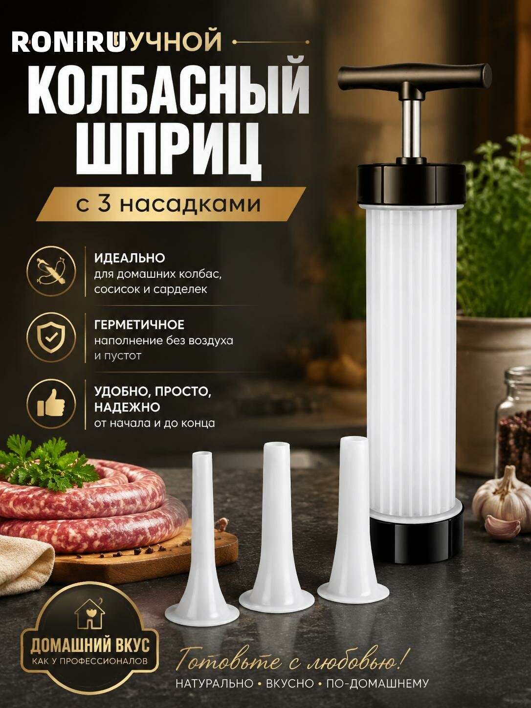 Ручной колбасный шприц с 3 насадками для домашних колбас, сосисок и сарделек — помощник для аккуратного наполнения фаршем