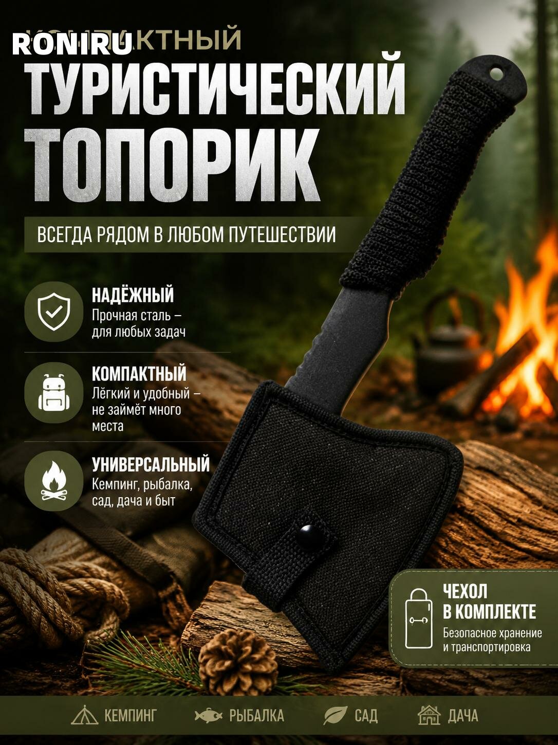 Компактный туристический топорик с чехлом — походный мини топор для кемпинга, рыбалки, сада и дачи — всегда рядом