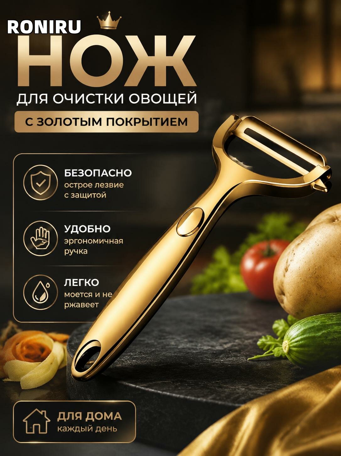 Нож для очистки овощей с золотым покрытием и эргономичной ручкой — удобный, безопасный и лёгкий в уходе — для дома