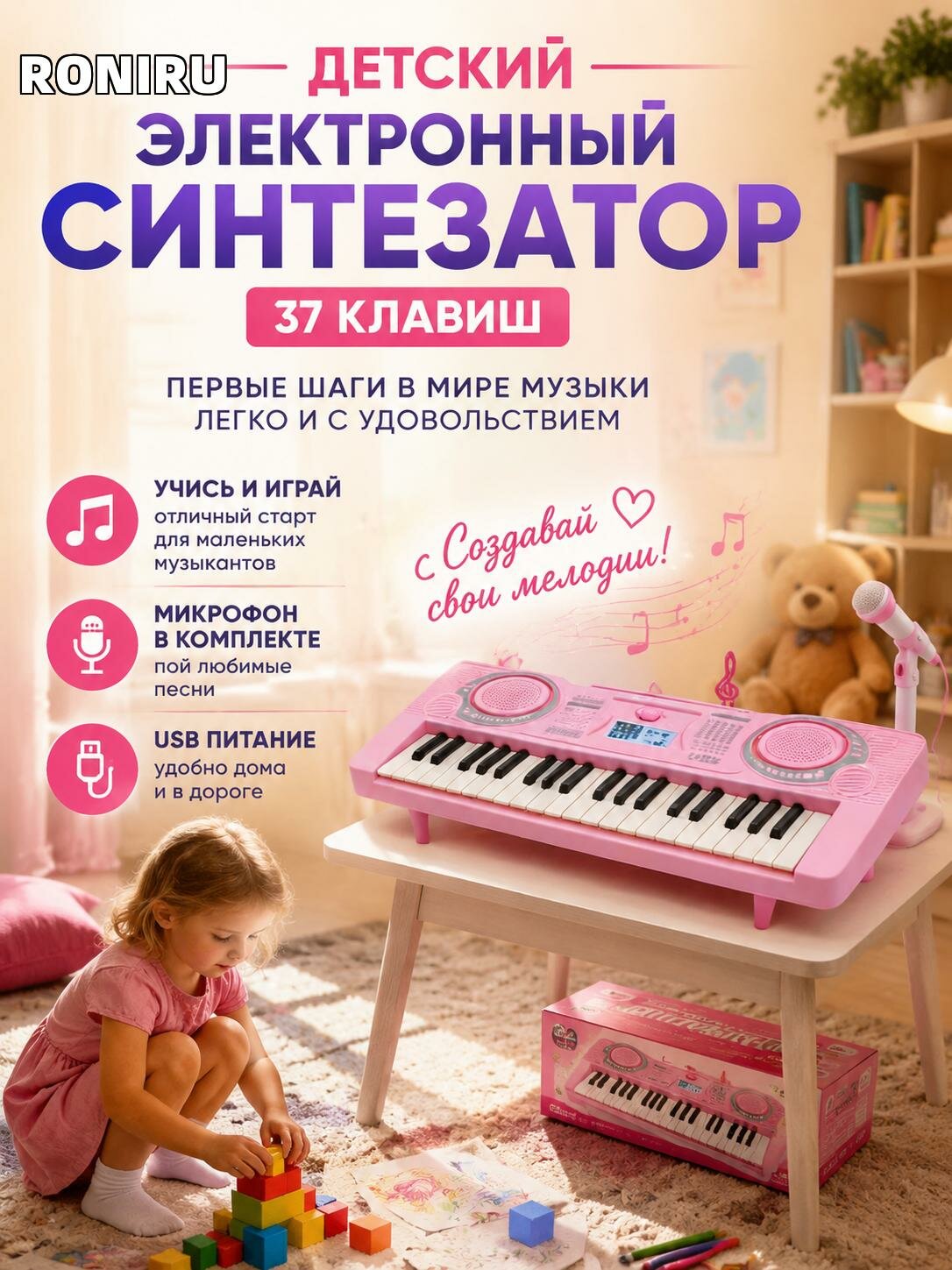 Детский электронный синтезатор 37 клавиш, портативное мини-пианино с динамиком, USB и микрофоном для начинающих — запись и воспроизведение мелодий