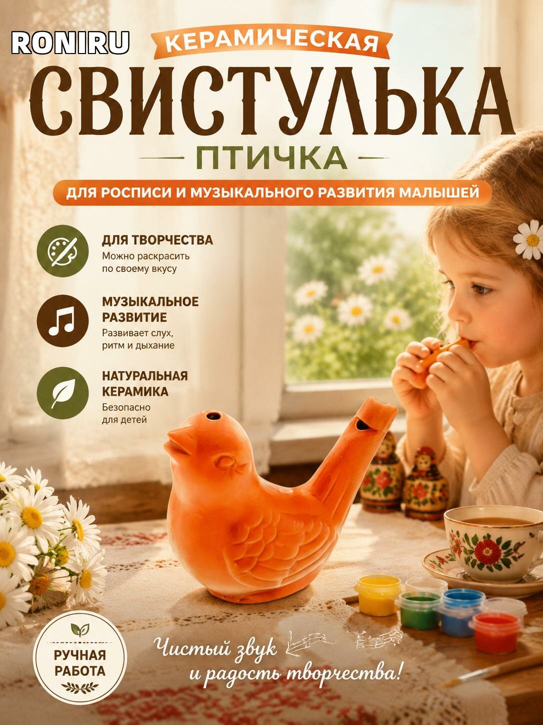 Керамическая свистулька Птичка, для росписи и музыкального развития малышей