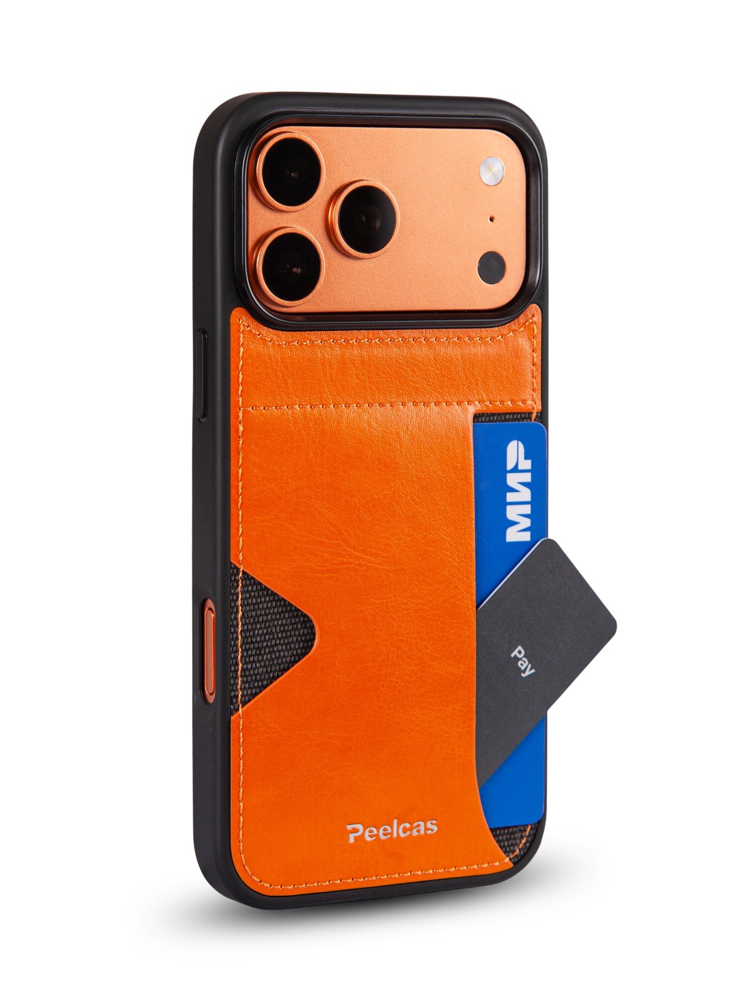 Чехол Peelcas, для iPhone 17 Pro Max, с карманом, противоударный, оранжево-черный