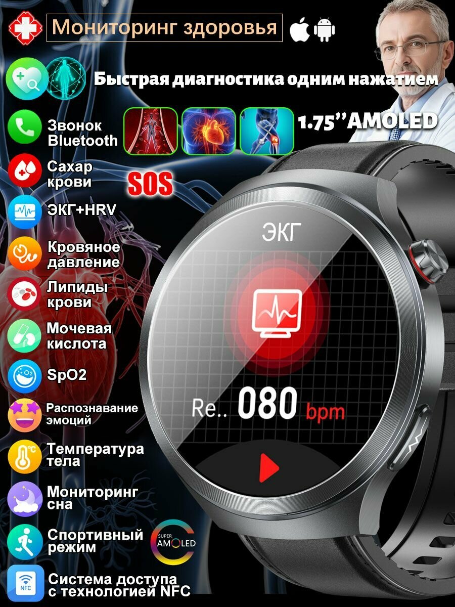 Смарт часы мужские с экг и измерением давления , HRV,500mAh, NFC,1.75'AMOLED, глюкозы и давления, большой экран, для iPhone Huawei Xiaomi