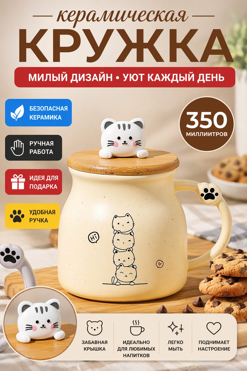 Кружка чашка с крышкой керамическая, для чая и кофе, с принтом Котики, 340 мл, желтая, ложка в комплекте