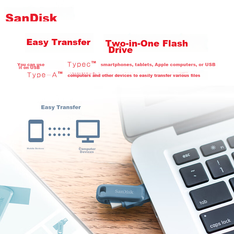 SanDisk 128 ГБ USB3.2 Type-C двойной интерфейс флеш-накопитель DDC3 синий, скорость чтения 400 МБ/с, автоматическое