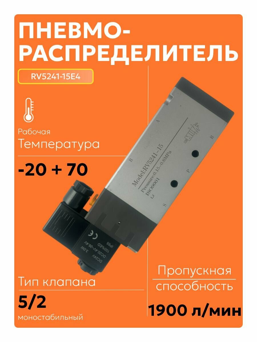 Пневмораспределитель 5/2 моностабильный 24V DC (G1/2, 1900 л/мин) RV5241-15E4