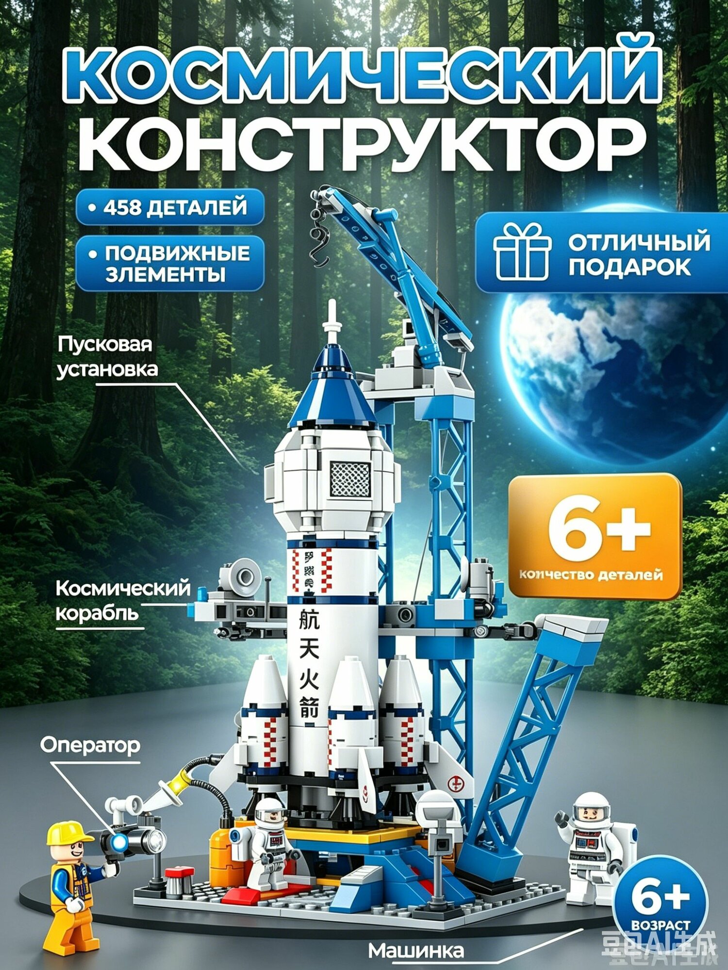 Конструктор для мальчика, девочки, пластиковый, Космическая ракета на космодроме, 458 детали, пакет