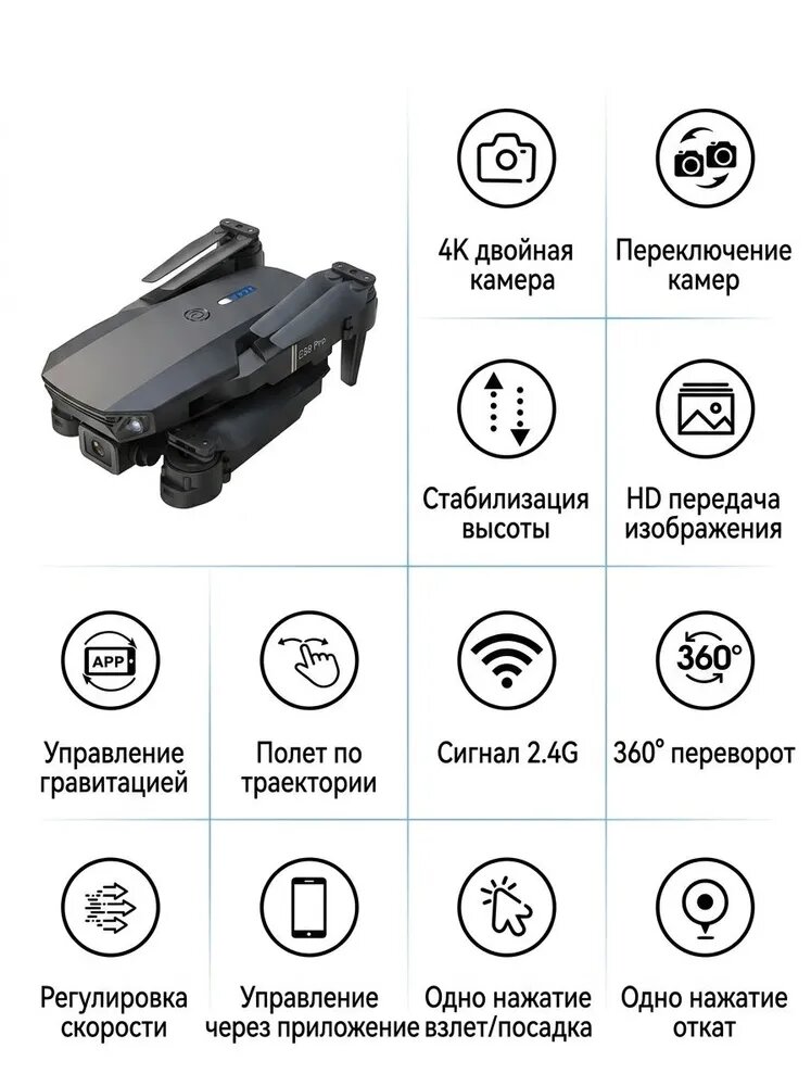 Радиоуправляемая игрушка E88 Pro, квадрокоптер с 4K камерой, до 15 минут полета — фото 1