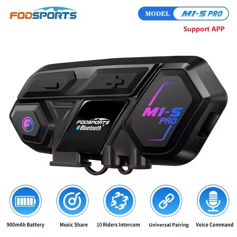 Fodsports M1-S Pro Мотогарнитура на шлем, шлем bluetooth переговорное устройство, водонепроницаемая мотогарнитура,10 всадников 2000 Мотогарнитура, Поделиться музыкой, Русские голосовые подсказки