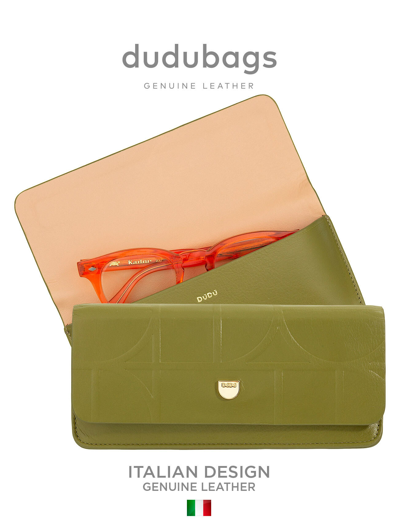 Итальянский кожаный цветной футляр для очков DuDuBags серии Calais, 629-5028-olive-green