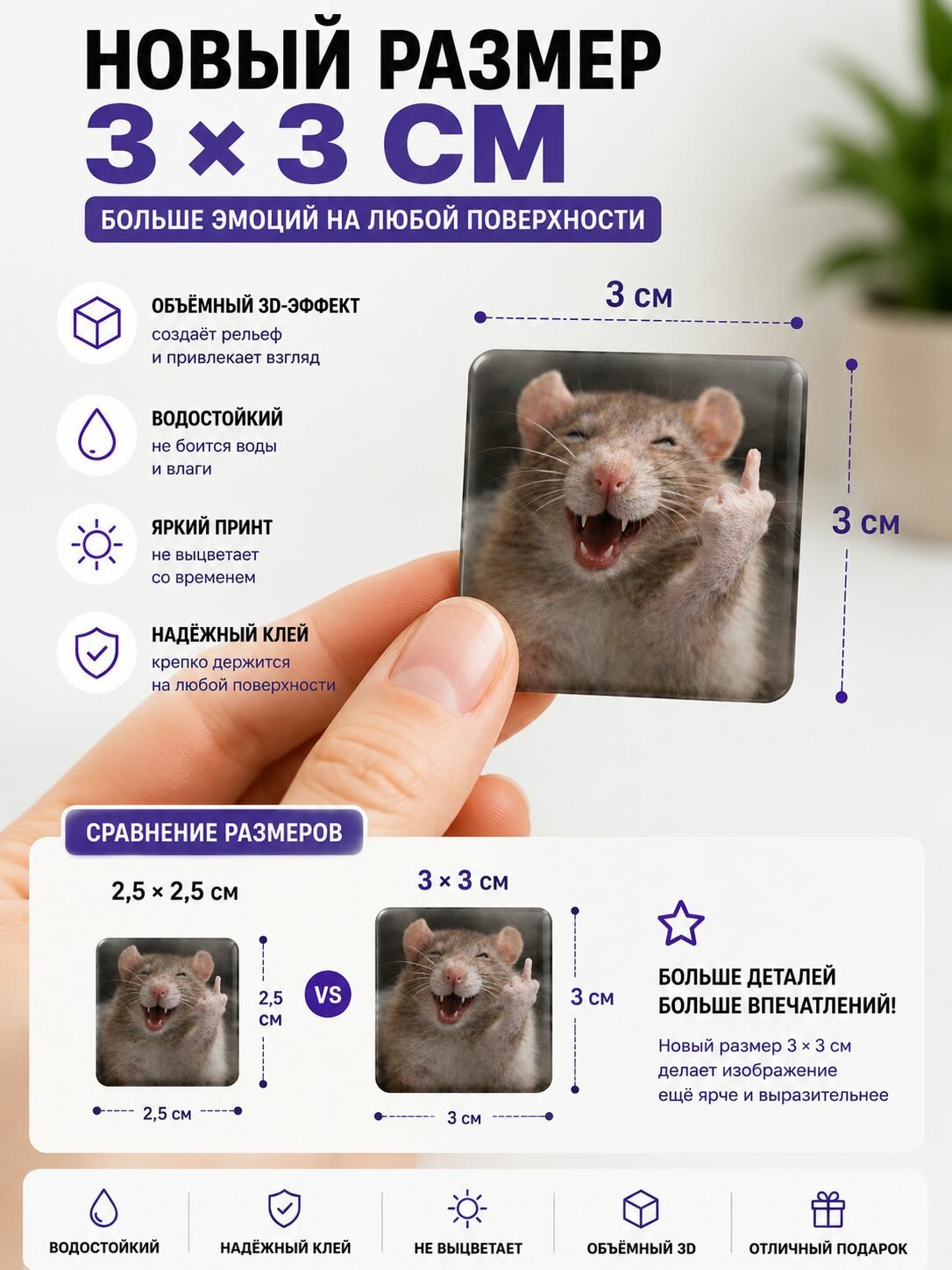 3D стикер Крыса показывает средний палец, увеличенная версия (3 на 3 см). Яркая наклейка на телефон.