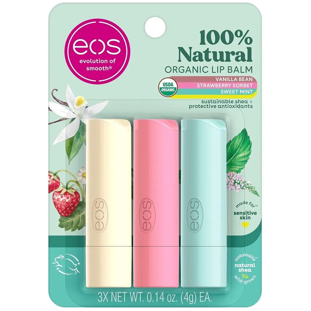EOS набор бальзамов для губ Vanilla Bean, Sweet Mint and Strawberry Sorbet Lip Balm Ваниль, Сладкая Мята и Клубничный Сорбет, 12 г