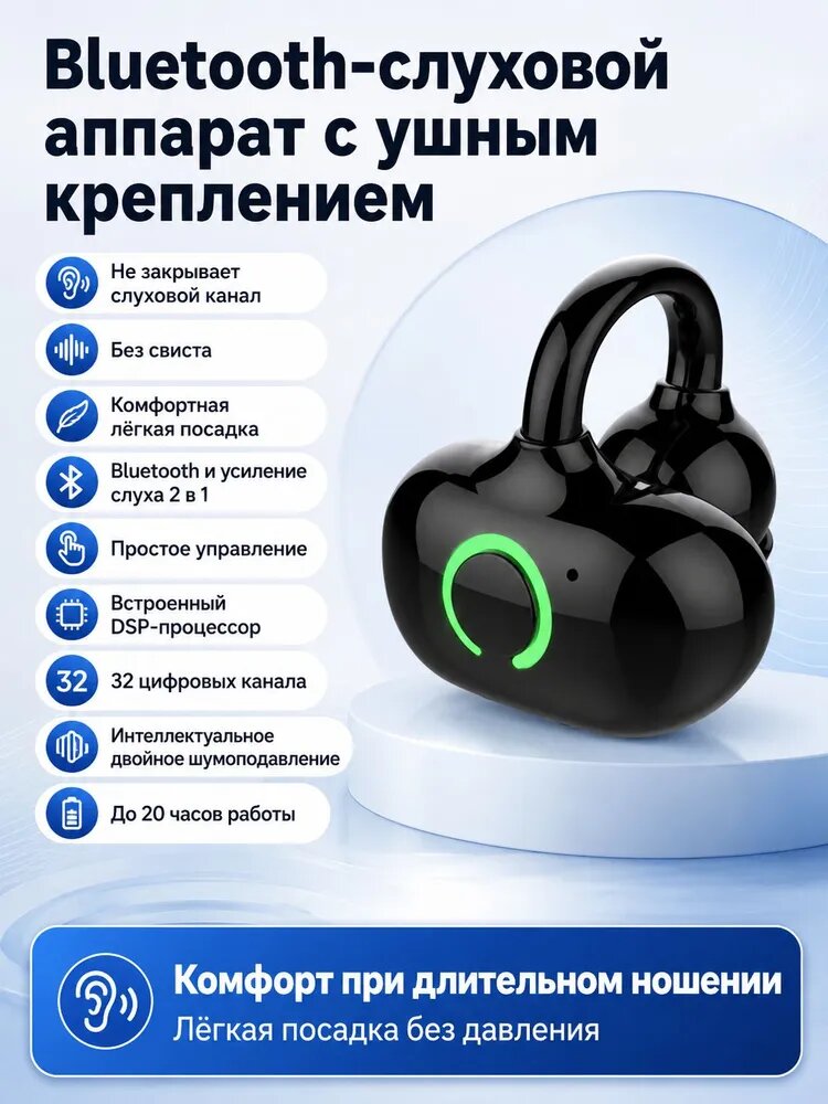 Наушники беспроводные с микрофоном Слуховой аппарат с зажимом для ушей, Bluetooth-гарнитура, слуховой аппарат за ухом для пожилых людей, длительное время автономной работы и снижение уровня шума, Bluetooth, USB Type-C, черный