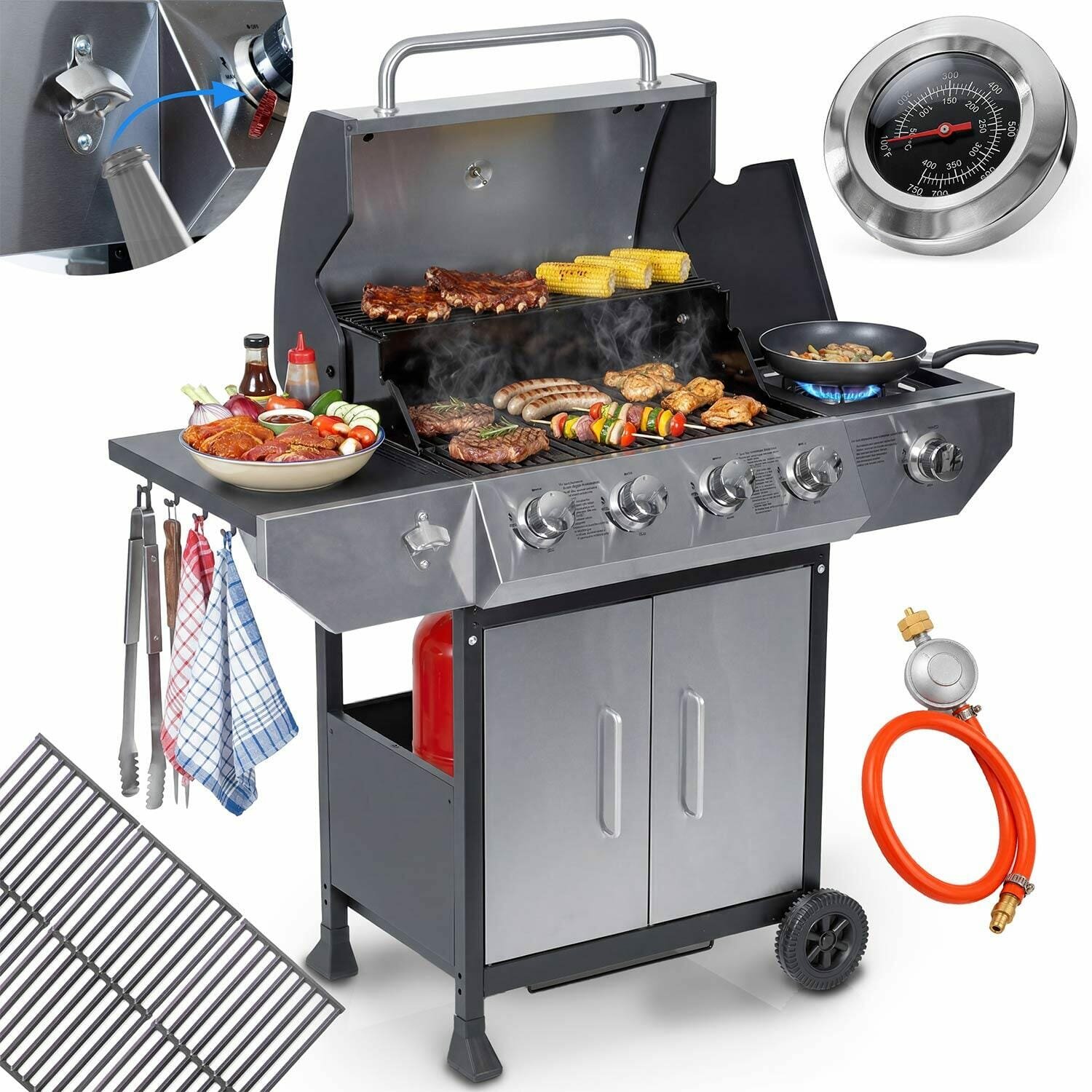 DECATHLON Газовый гриль Berdsen BD-896, серый, чугунная решетка, 4+1 горелок