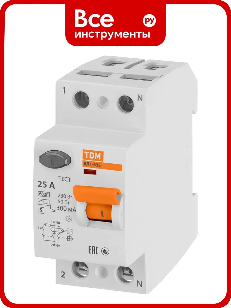 Устройство защитного отключения TDM ELECTRIC УЗО ВД1-63S 2Р 25А 300мА SQ0203-0053