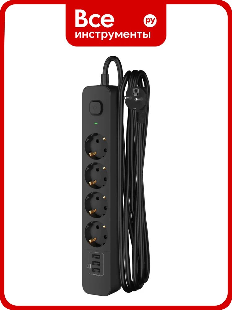 Удлинитель сетевой фотон -USB/A3, 2 м, 4 розетки, 16А, с заземл, с выкл, 3 USB-A, 3,4A, черный