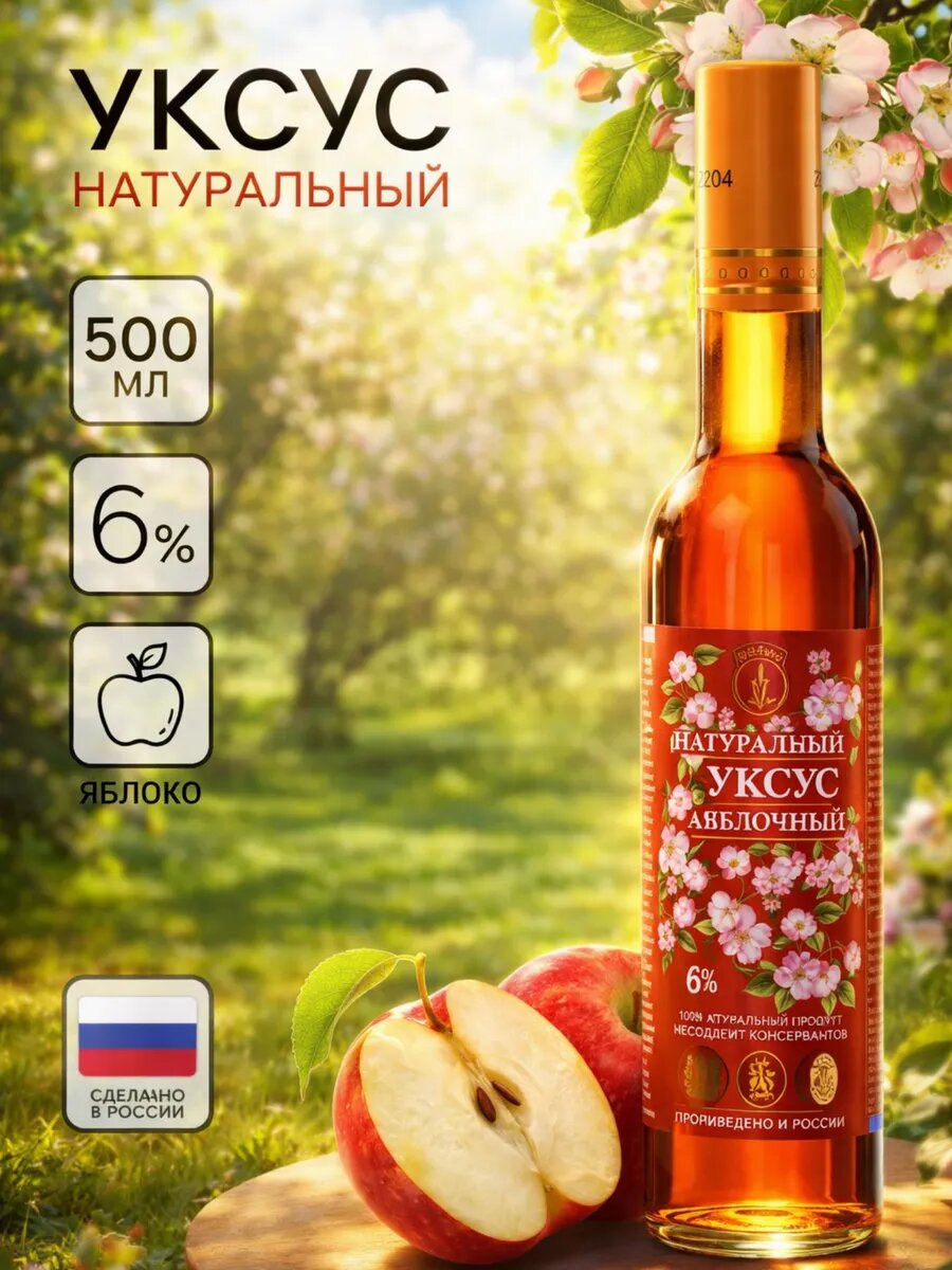 Уксус яблочный СП Мирный, натуральный, содержание уксусной кислоты 6%, 500 мл