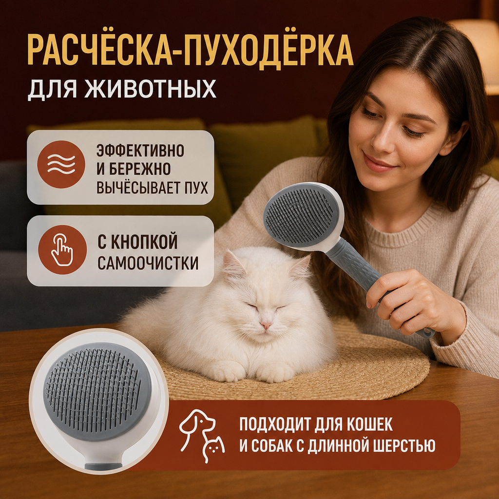 Профессиональная щетка для груминга кошек и собак, снижает линьку