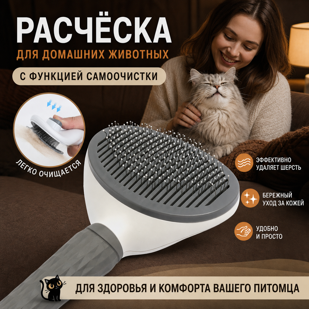 Фурминатор для вычесывания подшерстка кошек и собак, серый, легко чистить, самоочищающаяся, удаление подшерстка, снижает линьку