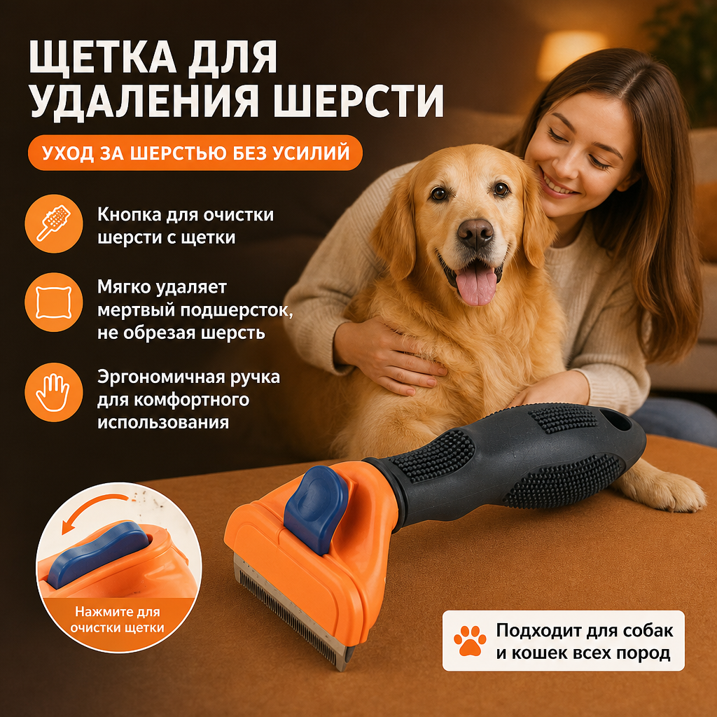 Профессиональная щетка для груминга собак, комфортный, снижает линьку