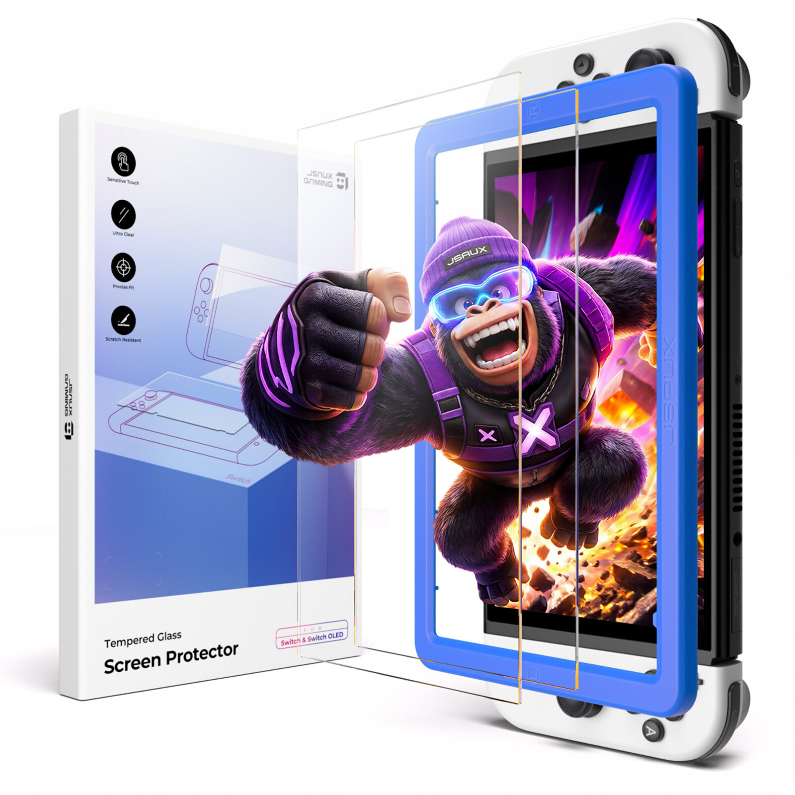 Глянцевое защитное стекло JSAUX для Nintendo Switch OLED (2 шт.), с направляющей рамкой, олеофобное, 9H прочность, закаленное стекло с прозрачностью 99,99 % - GP0135