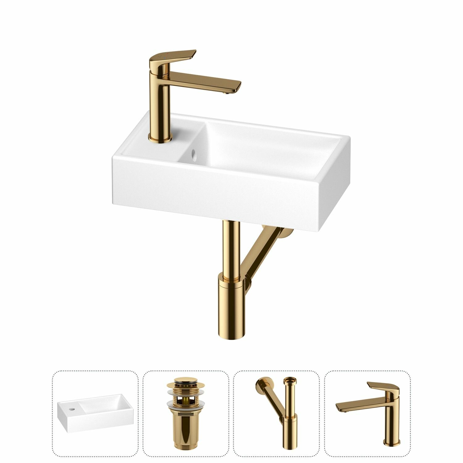 Маленькая раковина в туалет подвесная Wellsee WC Area 202010497 в наборе 4 в 1: узкая мини раковина 40 см, донный клапан, сифон, смеситель (цвет набора золото)