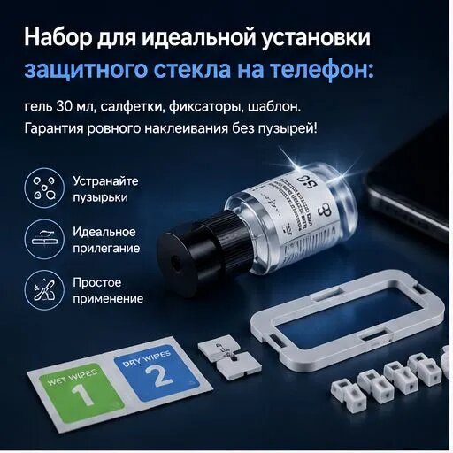 Набор для идеальной установки защитного стекла на телефон: гель 30 мл, салфетки, фиксаторы, шаблон. Гарантия ровного наклеивания без пузырей!