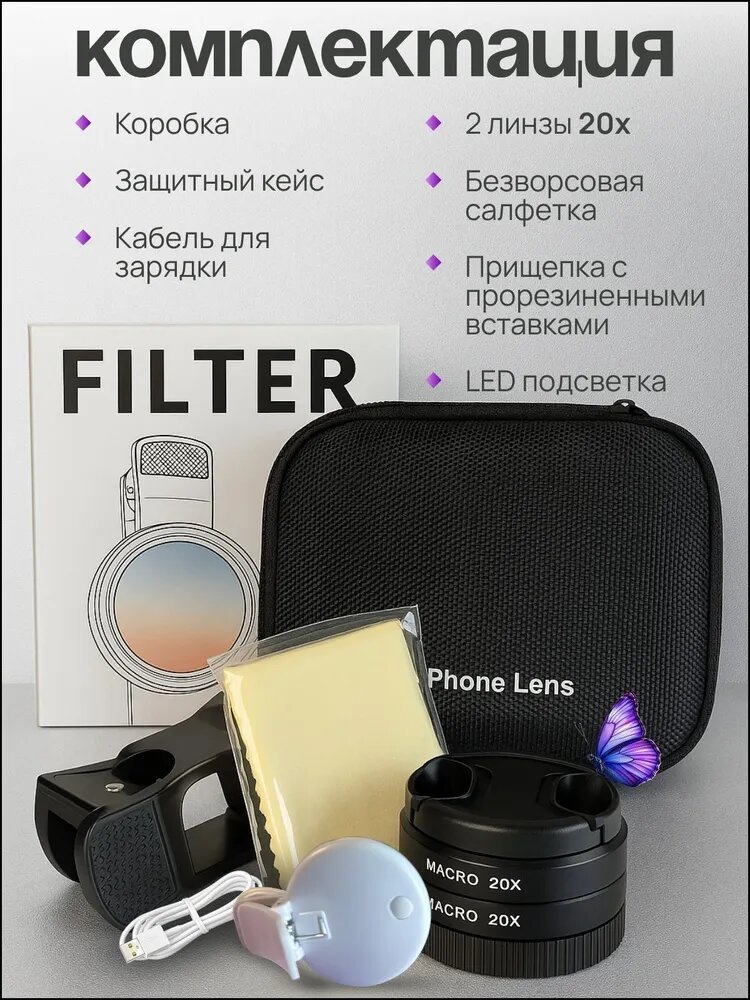 Макрообъектив для телефона, увеличение 20x-40x, черный матовый, для iPhone и Android — фото 1