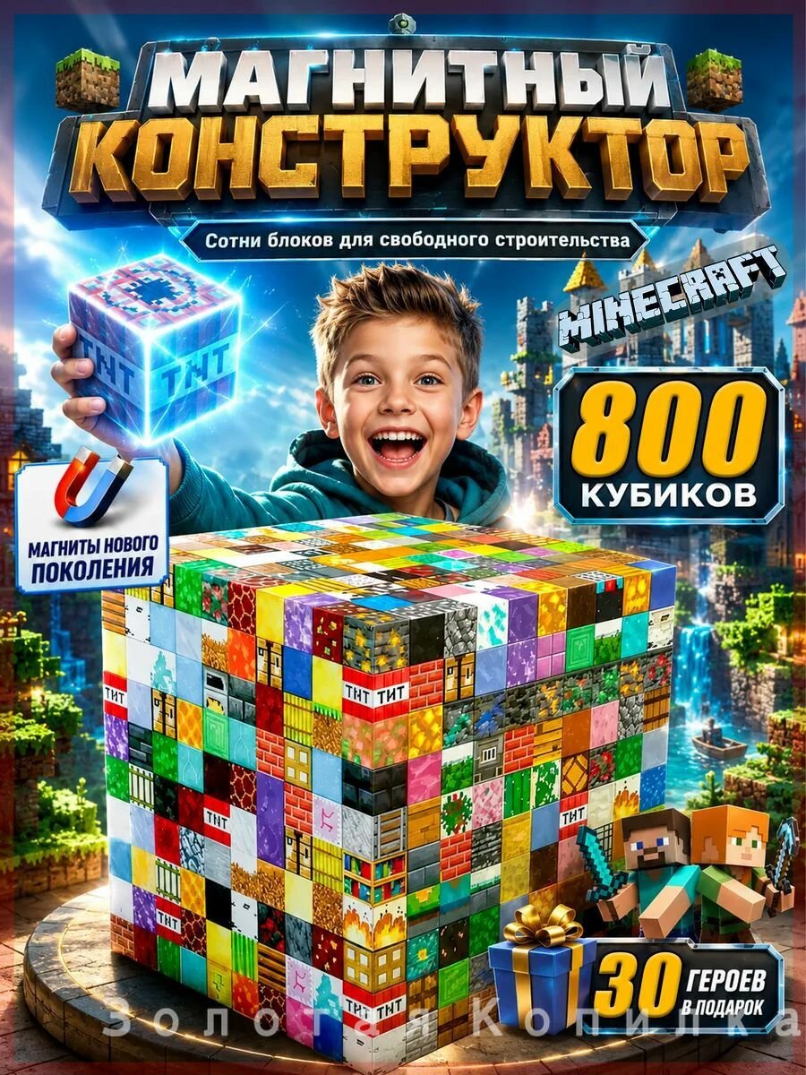 Майнкрафт, магнитные строительные блоки, сделай сам, 800 шт, Minecraft магнитный конструктор 800 случайных блоков