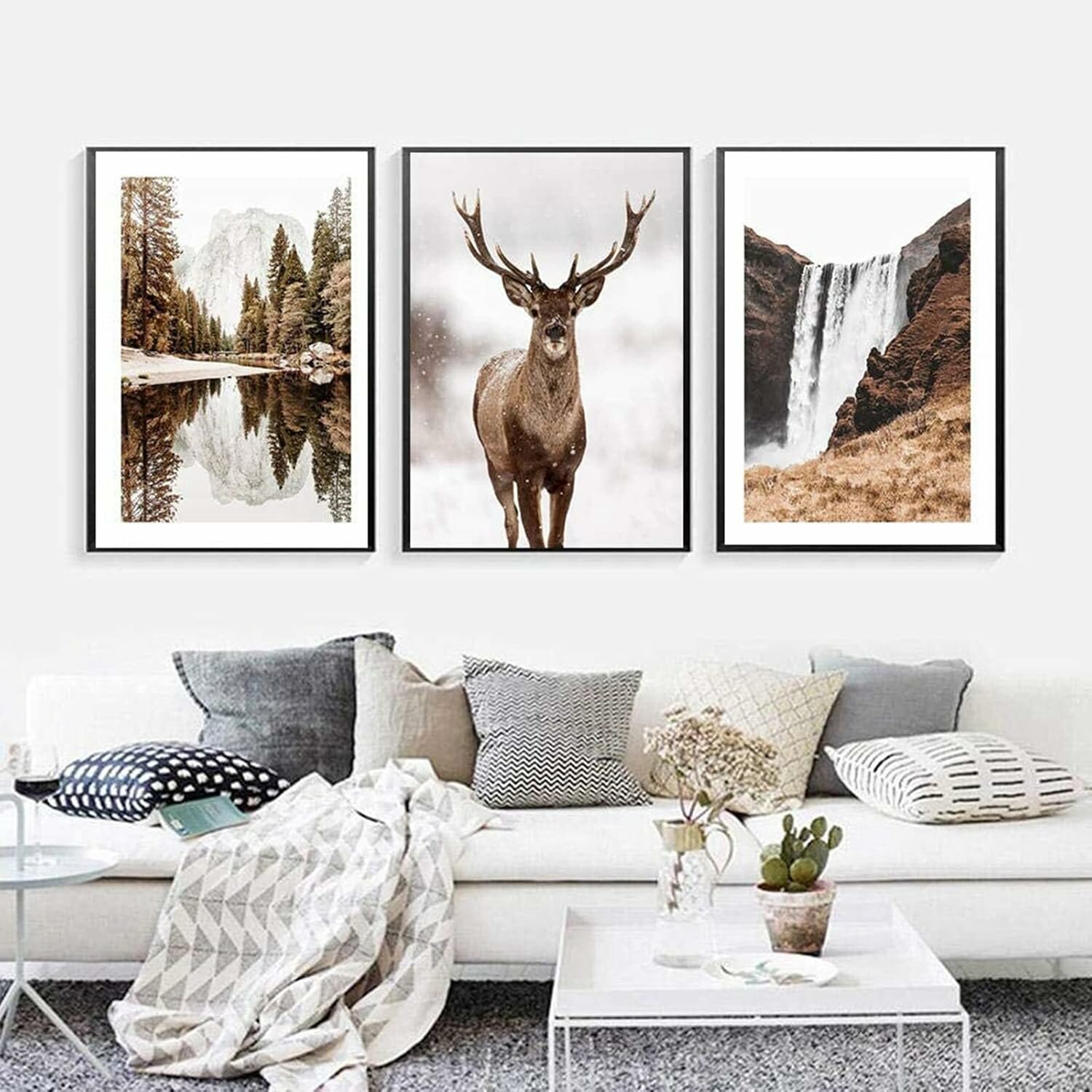 Горный пейзаж и животное олень Плакаты и принты, настенные картины, картины на холсте, 50x70 см x 3, без рамок