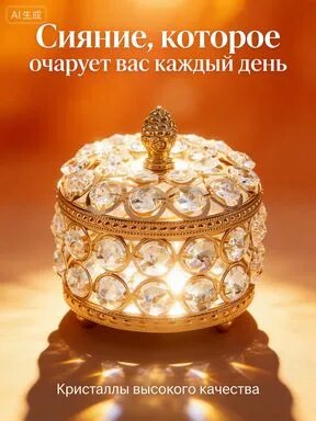 Mio domo Классическая шкатулка для украшений из металла с кристаллами, золотая, прозрачная, 9x10 см