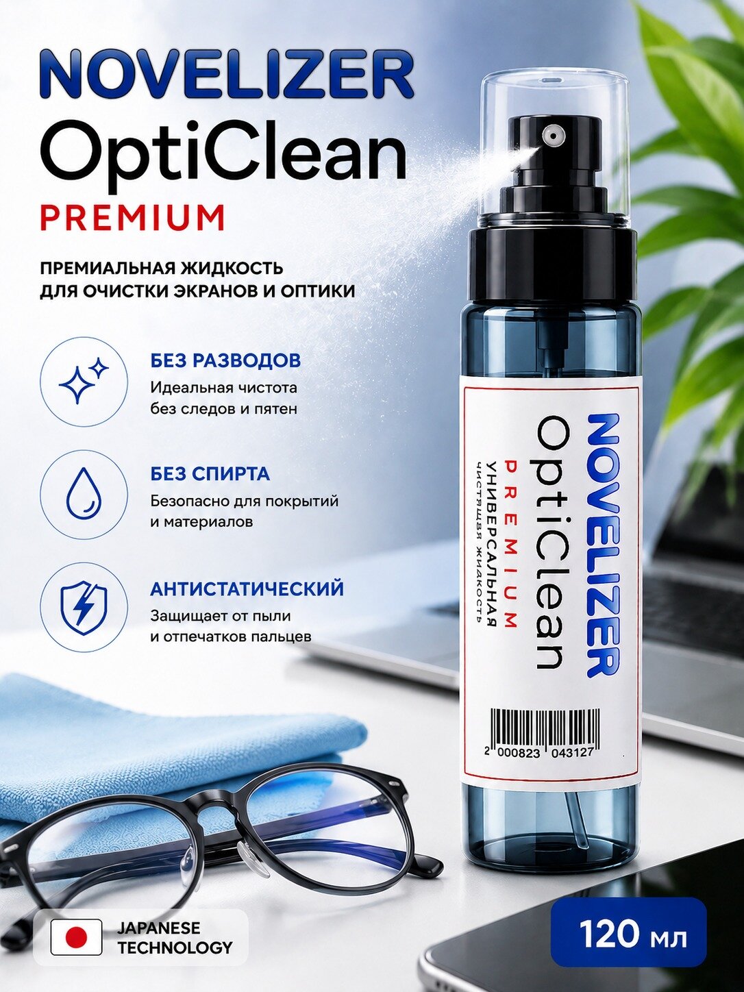 Жидкость для очистки экранов и очков Novelizer OptiClean Premium, спрей для дисплеев, оптики и гаджетов 120 мл
