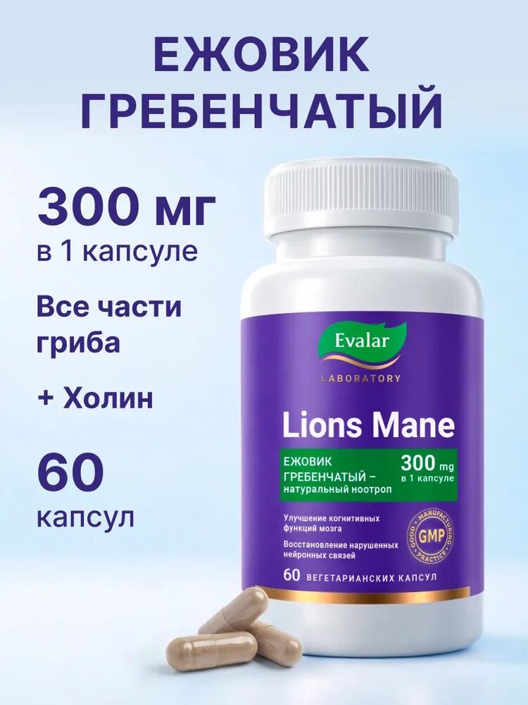 Ежовик гребенчатый (ежевик), lions mane, Evalar Laboratory, 60 капсул