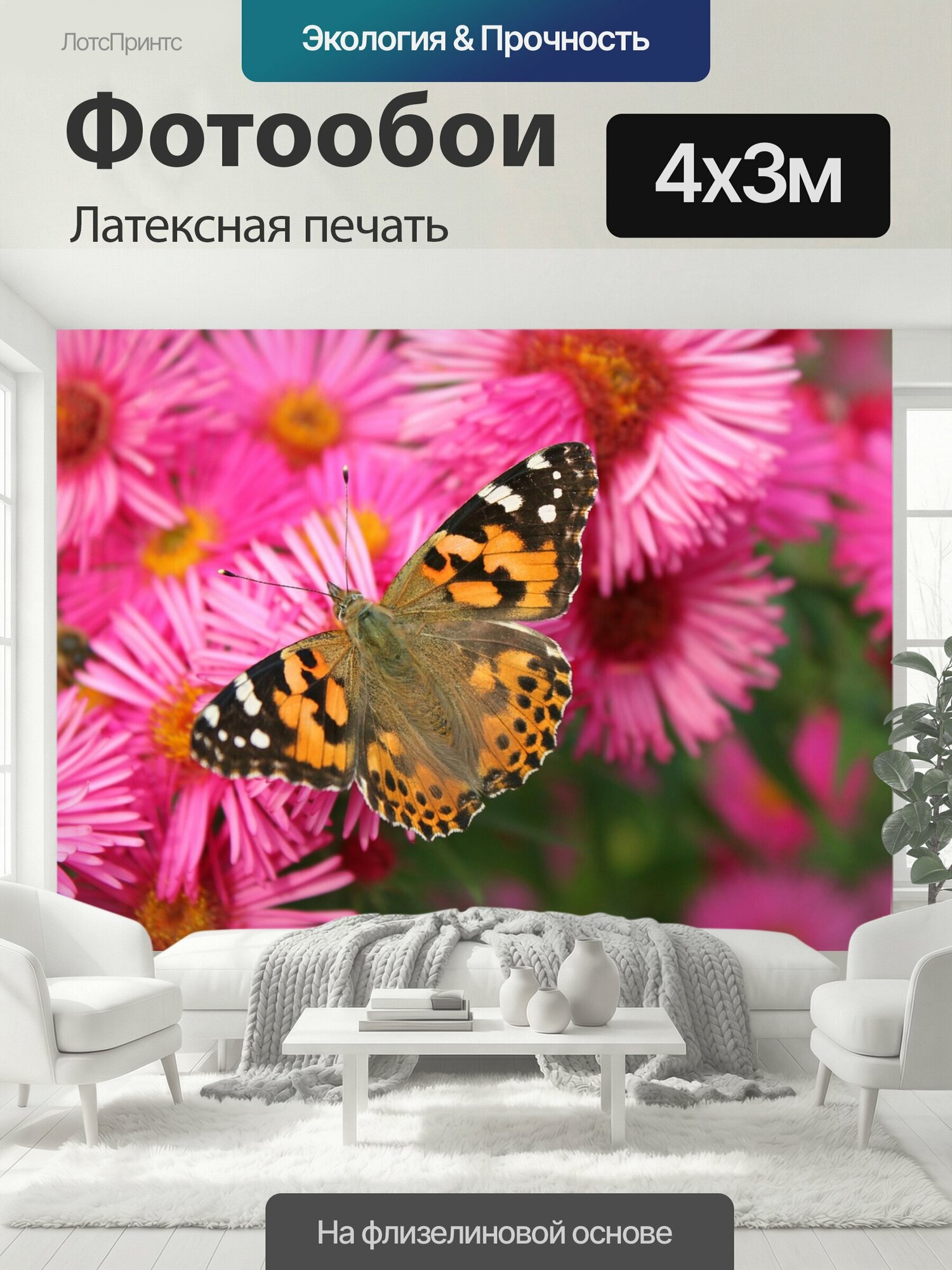 Фотообои моющиеся ударопрочные "Бабочка, бабочки, адмирал" 400x300 см. латексная печать