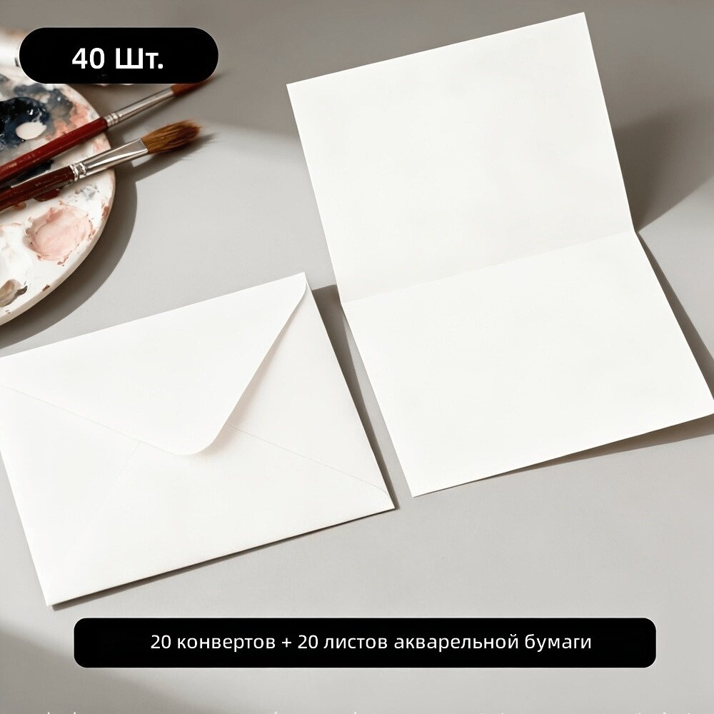 Набор акварельных открыток 40 шт. из бумаги 300 г/м² с конвертами, пустые для рисования