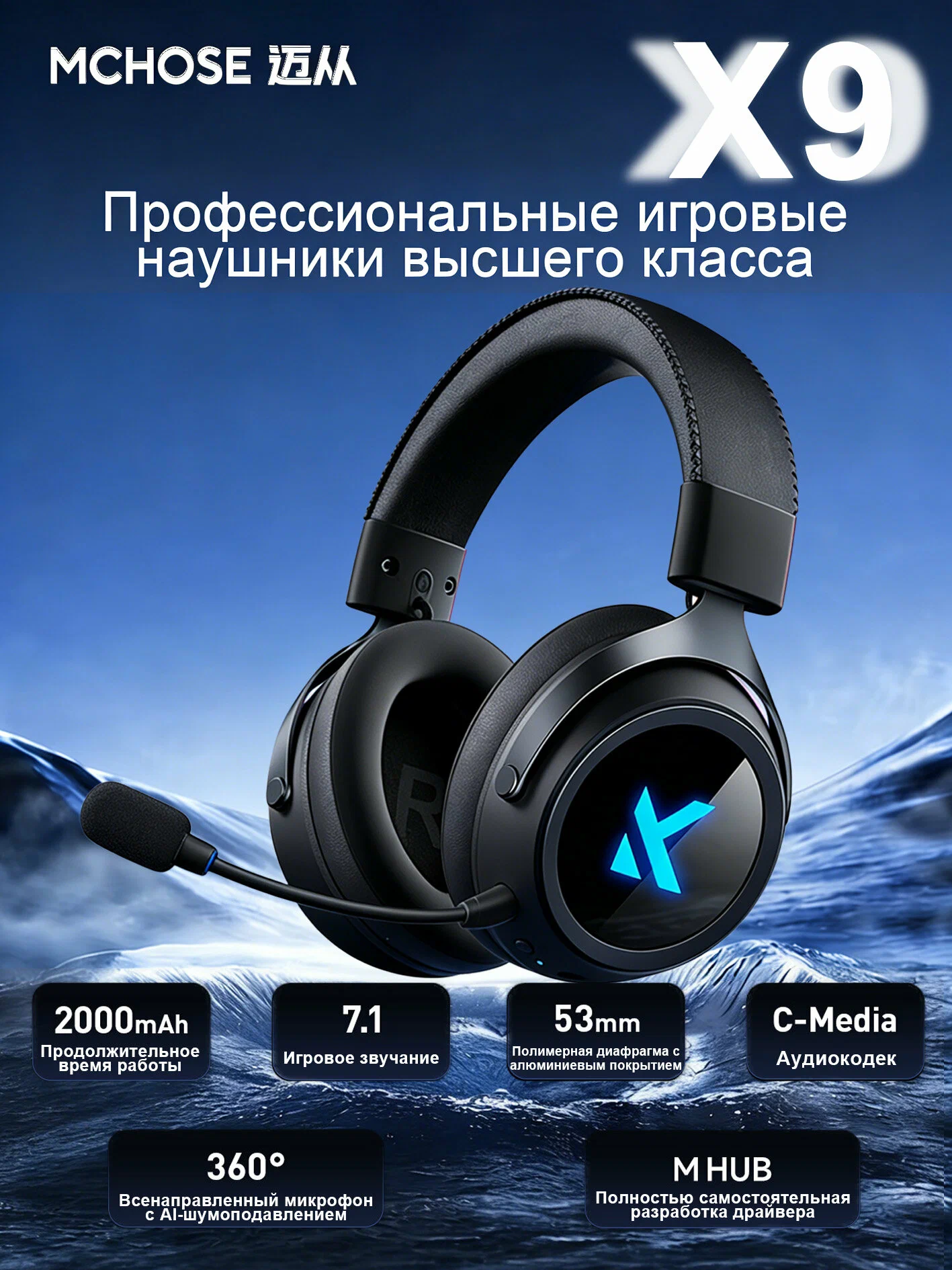 MCHOSE X9 Беспроводные игровые наушники Bluetooth 2.4g для киберспорта，чёрный
