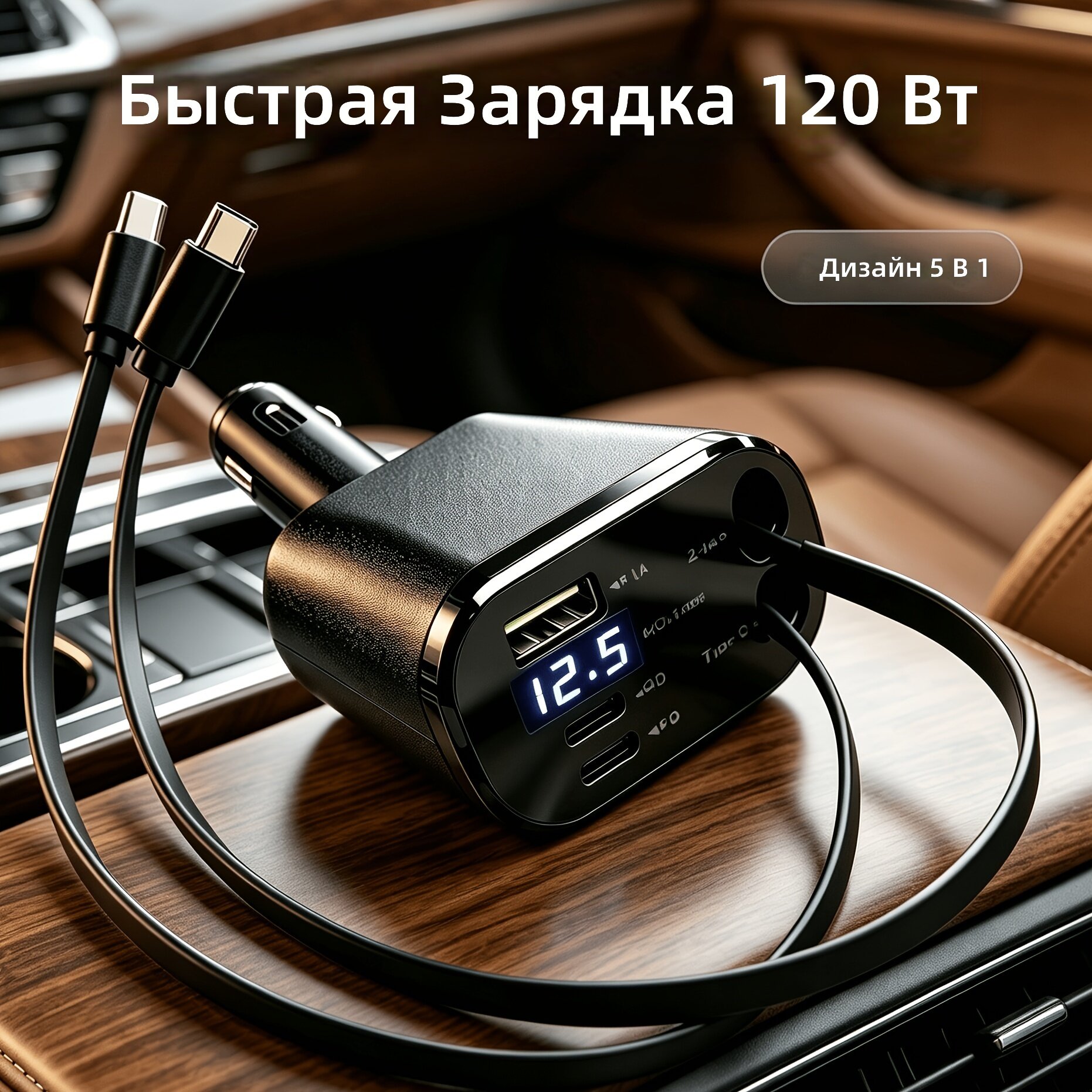 Автомобильное зарядное устройство M4 2026, 5 портов 120 Вт, выдвижной кабель Type-C DC, интеллектуальный дисплей напряжения, PD быстрая зарядка, 12/24 В, классический черный